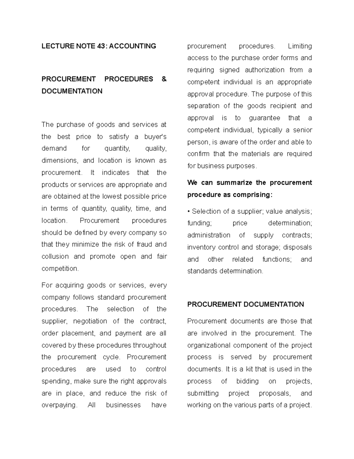 Lecture Note 43 Accounting - LECTURE NOTE 43: ACCOUNTING PROCUREMENT ...