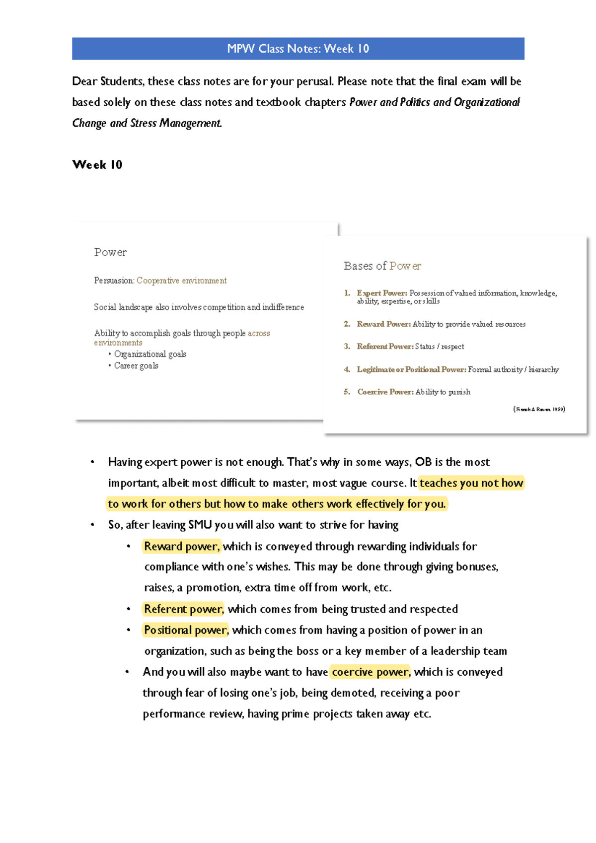 Week 10 - Prof Marko summarised class notes - Dear Students, these ...