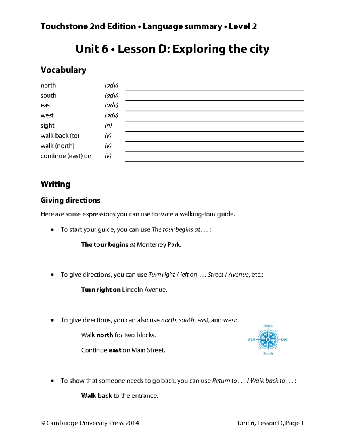 TS2e L2 U6 LD Langsum - Giving directions - Touchstone 2nd Edition • Language summary • Level 2 ...