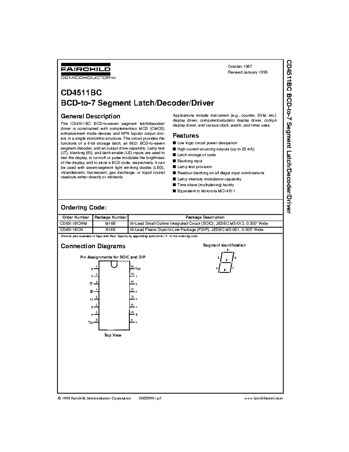 CD4511 - CD4111 datasheet - October 1987 Revised January 1999 CD4511BC ...