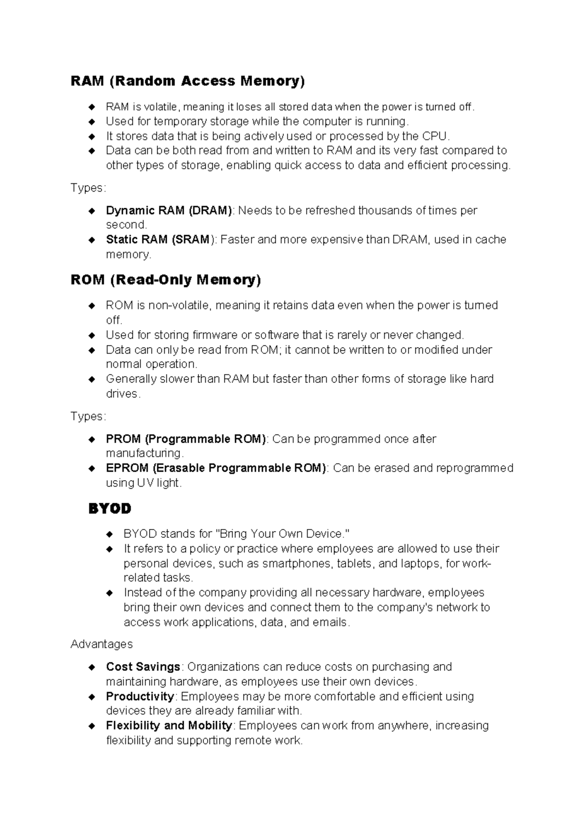 RAM - notes for cat terms - RAM (Random Access Memory) RAM is volatile ...