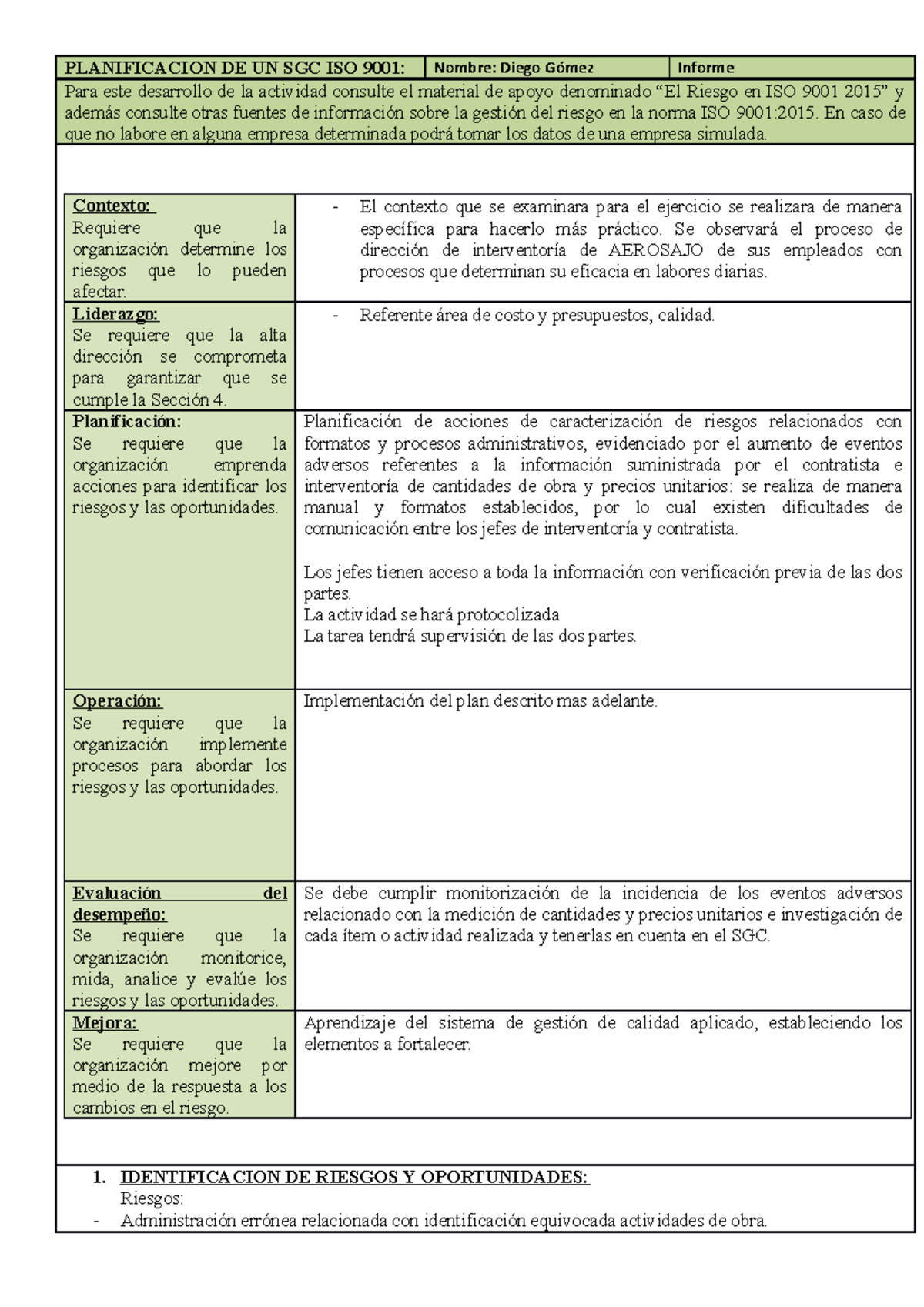 Planificacion de Un Sgc Iso 9001 Informe Evidencia 3 - PLANIFICACION DE ...
