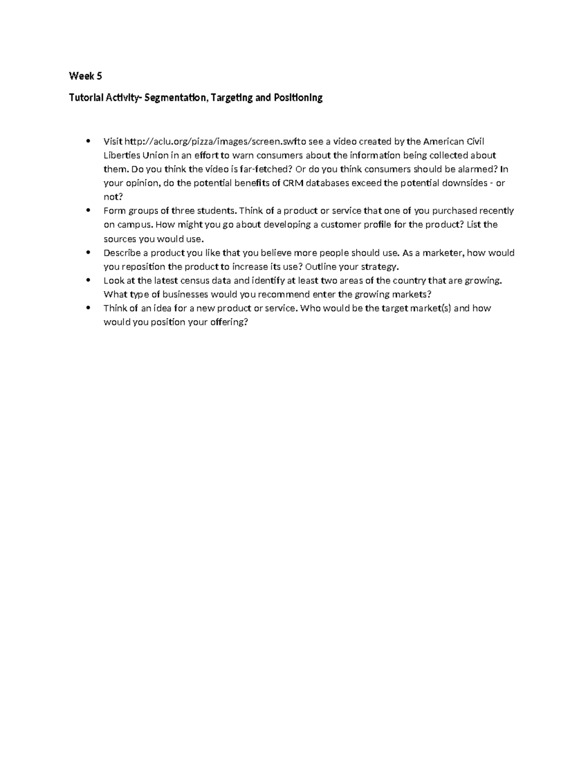 Week 5 - hehehe - Week 5 Tutorial Activity- Segmentation, Targeting and ...