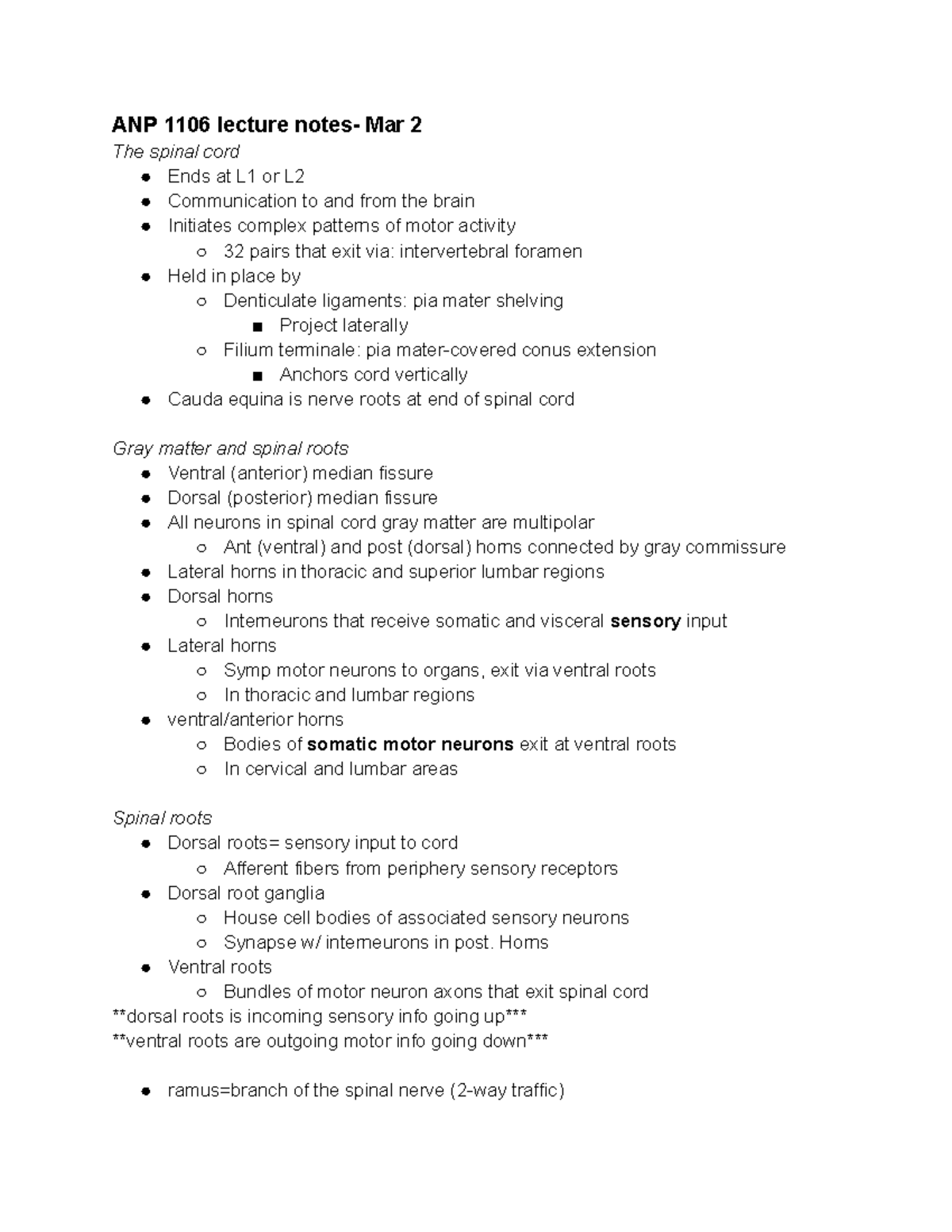 ANP 1106 lecture notes - ANP 1106 lecture notes- Mar 2 The spinal cord ...