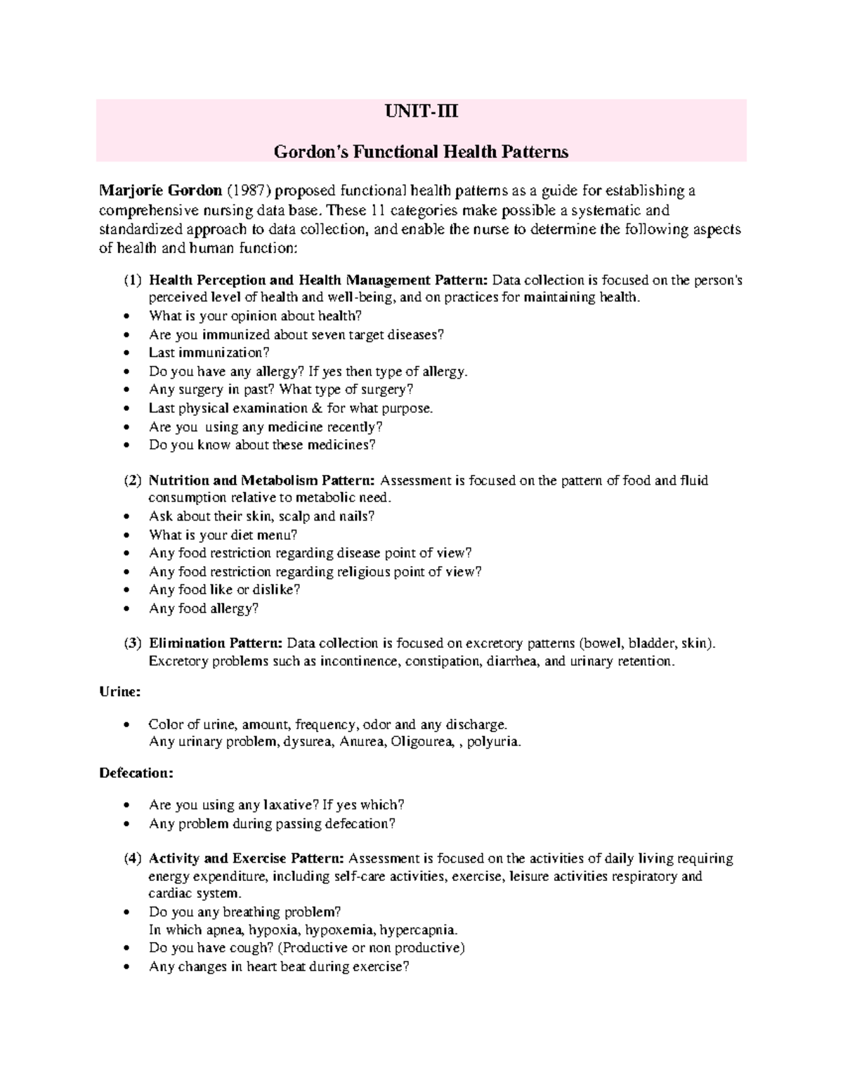 FHP-Questions-1 - Excellent - UNIT-III Gordon's Functional Health ...