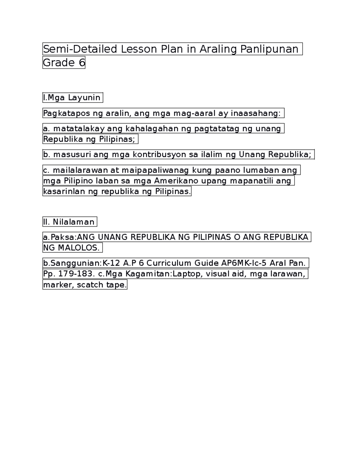 AP 6 Lesson Plan - Semi-Detailed Lesson Plan in Araling Panlipunan ...