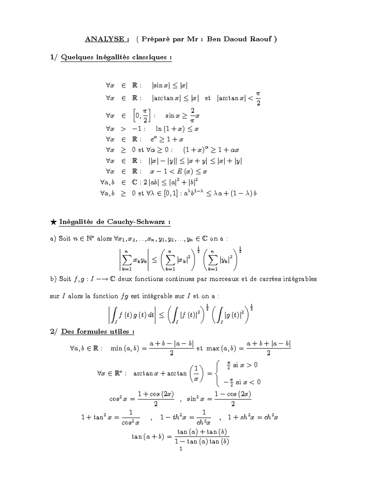 Inégalités classiques et Formules utiles - ANALYSE : ( PrÈparÈ par Mr ...