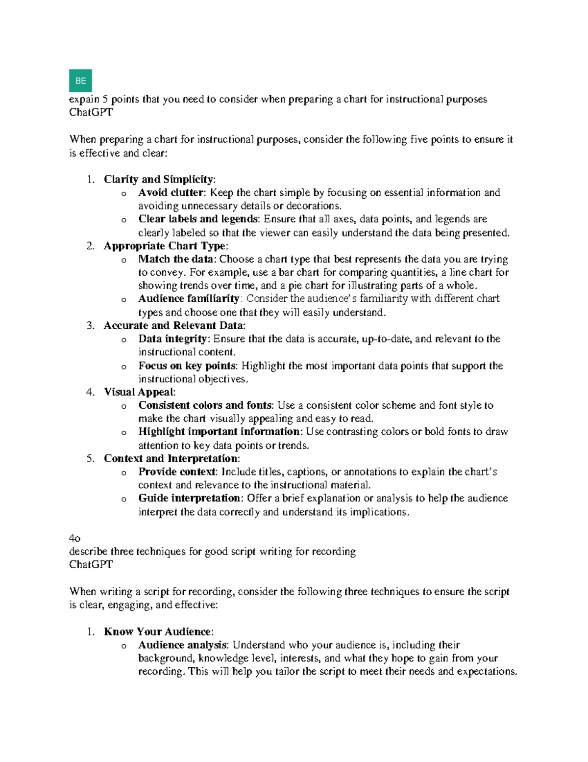 Expain 5 points that you need to consider when preparing a chart for ...