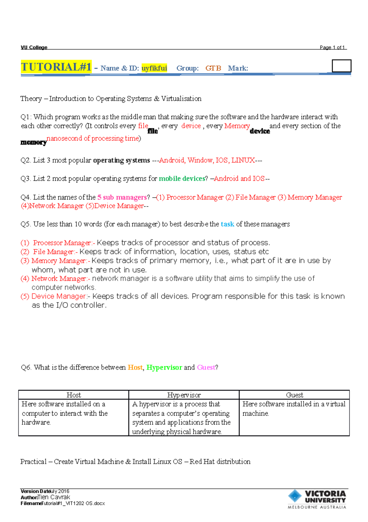 Tut1 - operating system - VU College Page 1 of 1 TUTORIAL#1 - Name & ID: uyfikfui Group: GTB ...
