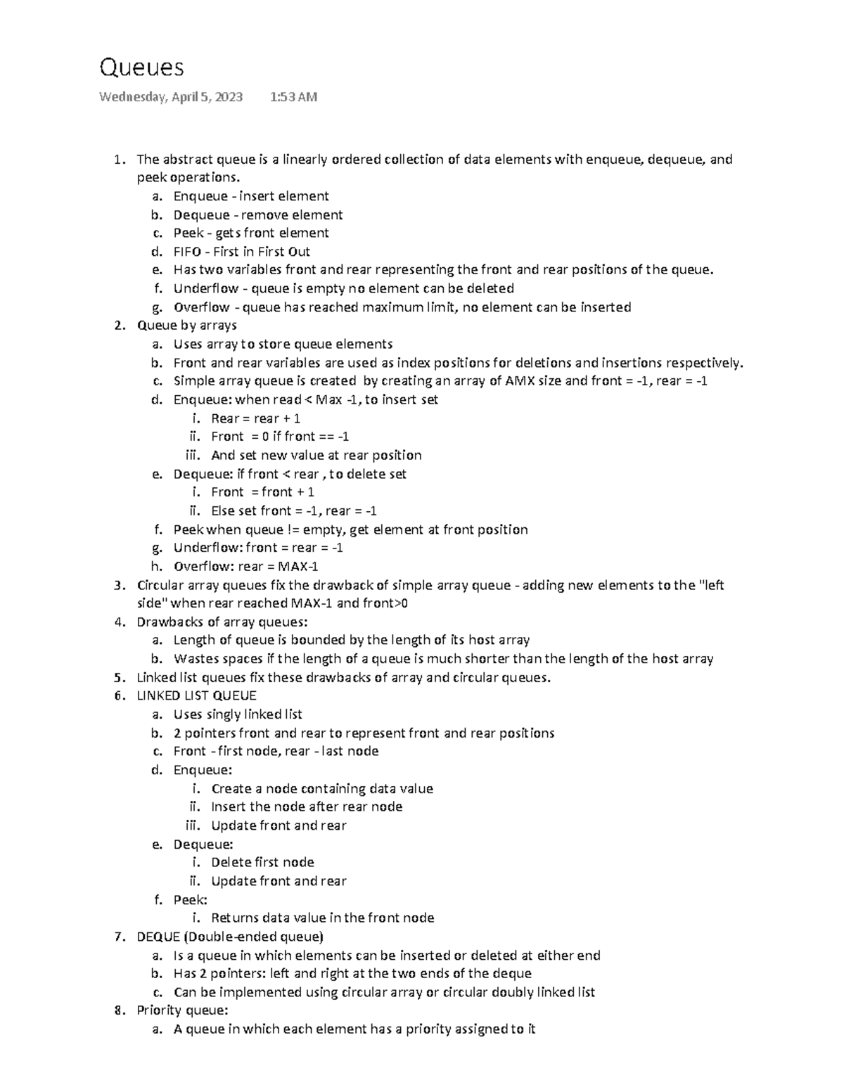 CP264 Queue - The abstract queue is a linearly ordered collection of data elements with enqueue ...