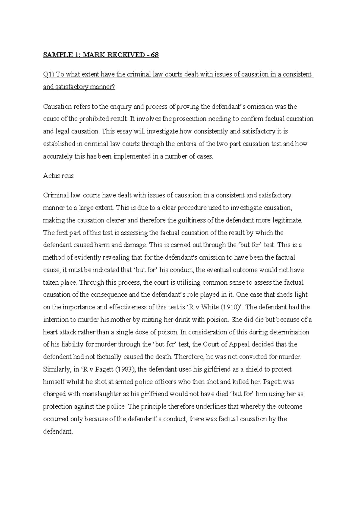 Criminal law Sample 1 68 - SAMPLE 1: MARK RECEIVED - 68 Q1) To what ...