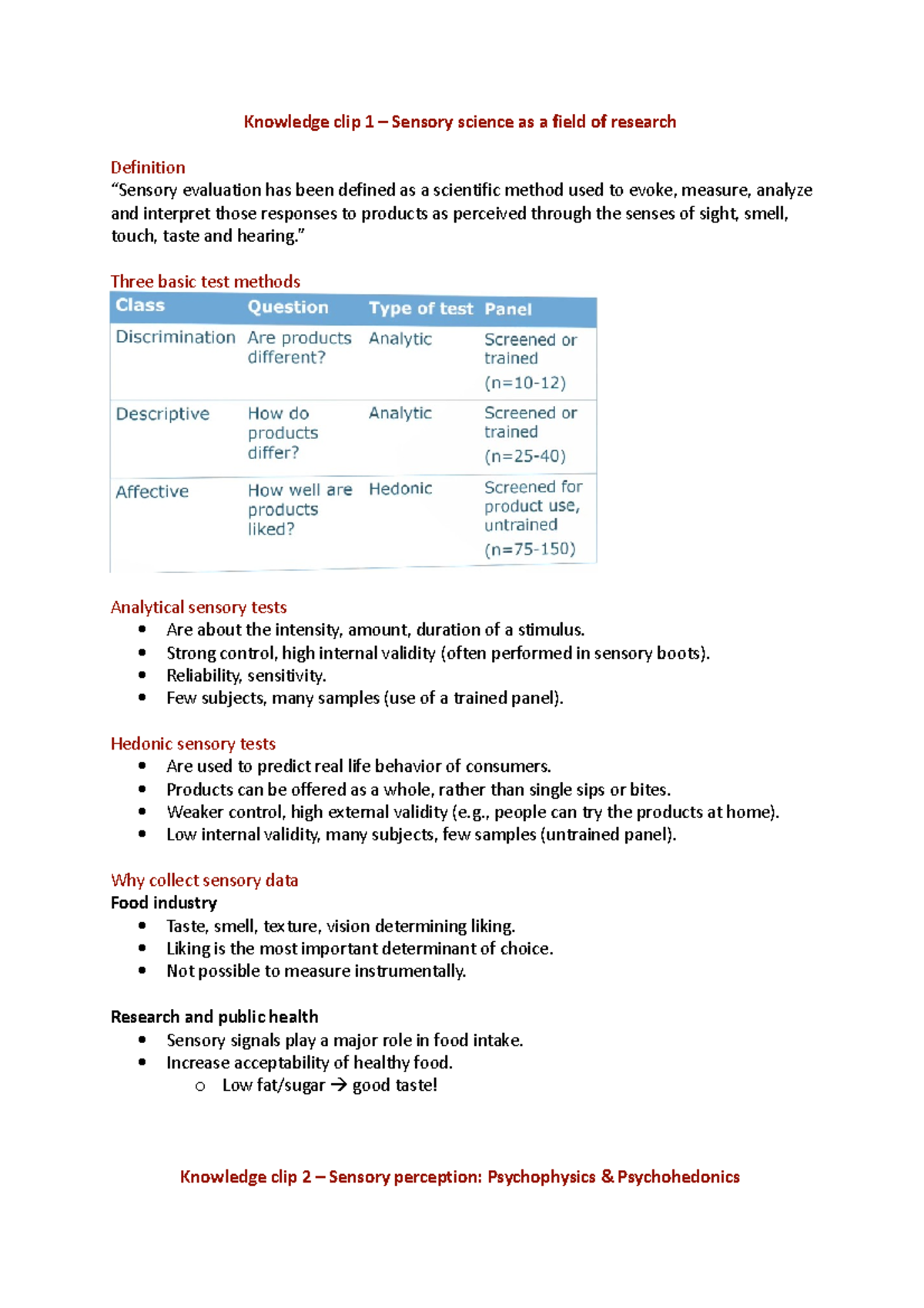 Summary e-modules & knowledge clips Sensory Science - Knowledge clip 1 ...