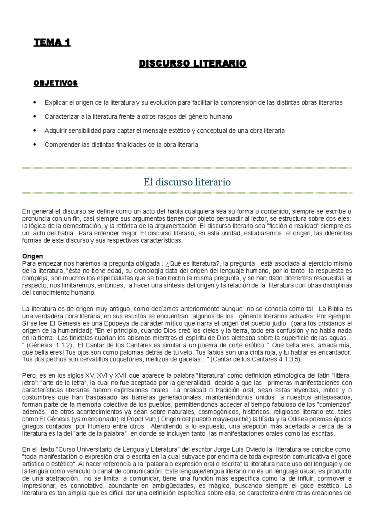 Examen espanol 10 - TEMA 1 DISCURSO LITERARIO OBJETIVOS Explicar el ...