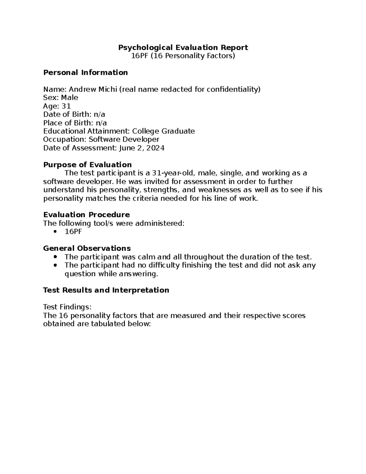 16PF Interpretation - Psychological Evaluation Report 16PF (16 ...