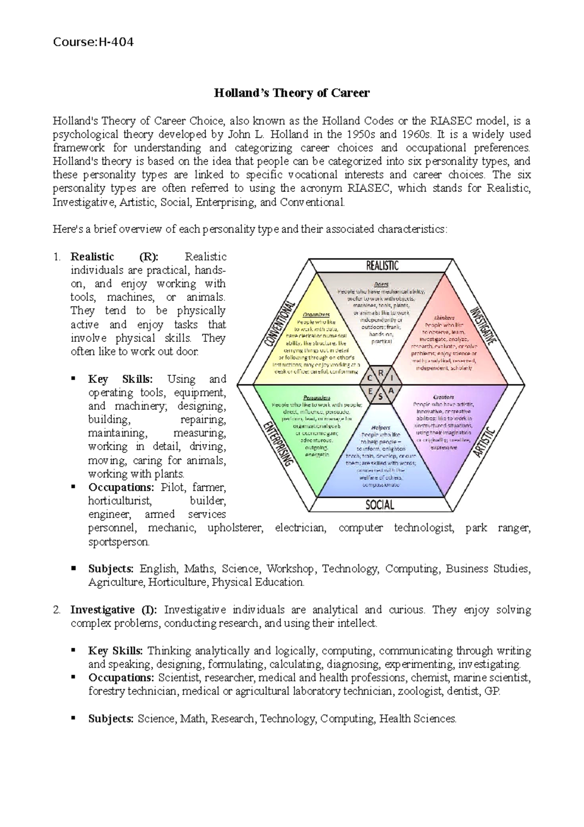 Halland - Course:H- Holland’s Theory of Career Holland's Theory of ...