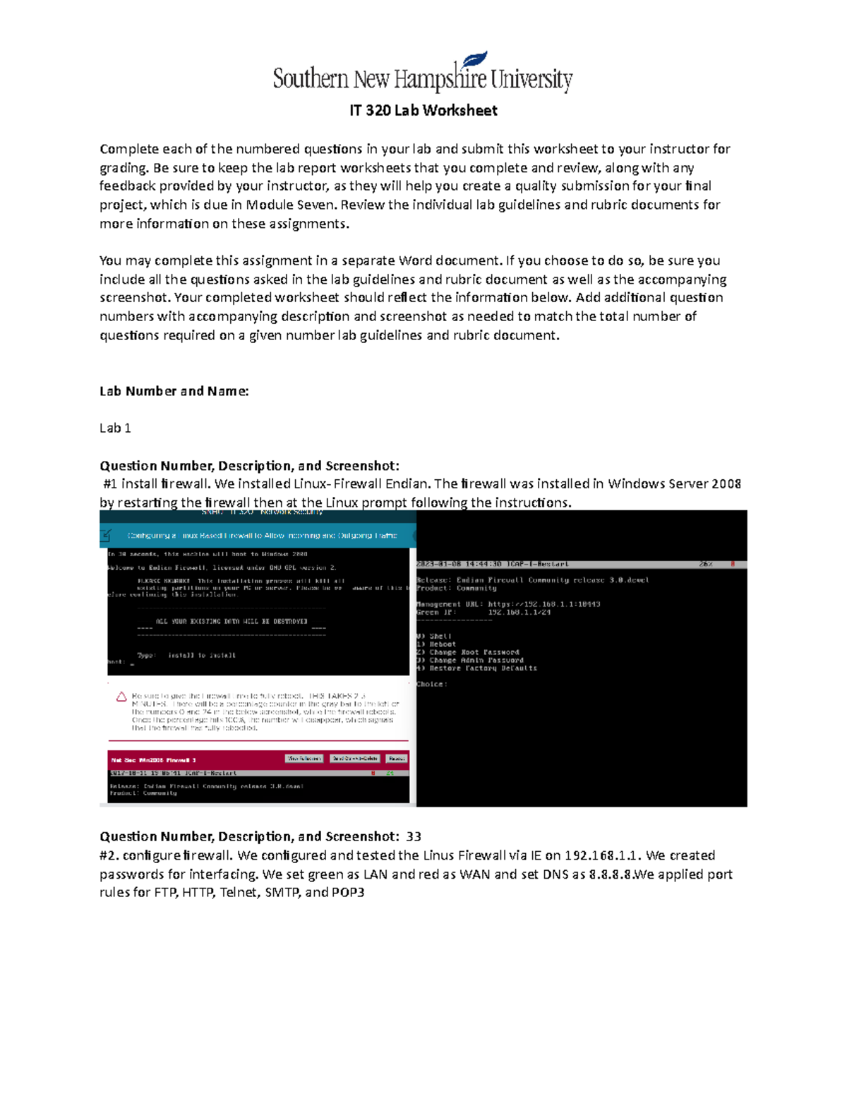 It 320 Lab Worksheet Lab 1 It 320 Lab Worksheet Complete Each Of The