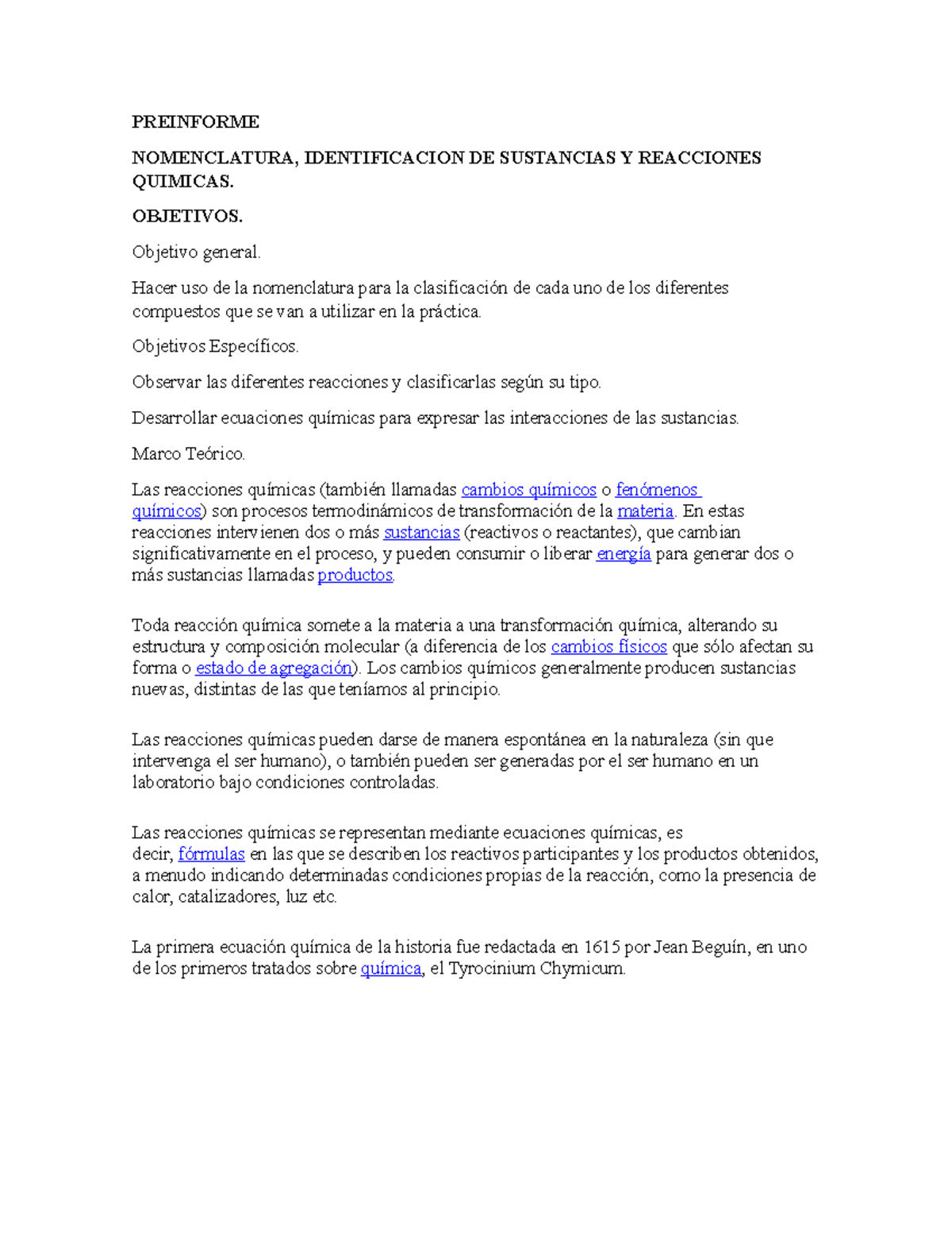 Preinform 1 - PREINFORME NOMENCLATURA, IDENTIFICACION DE SUSTANCIAS Y REACCIONES QUIMICAS. - Studocu