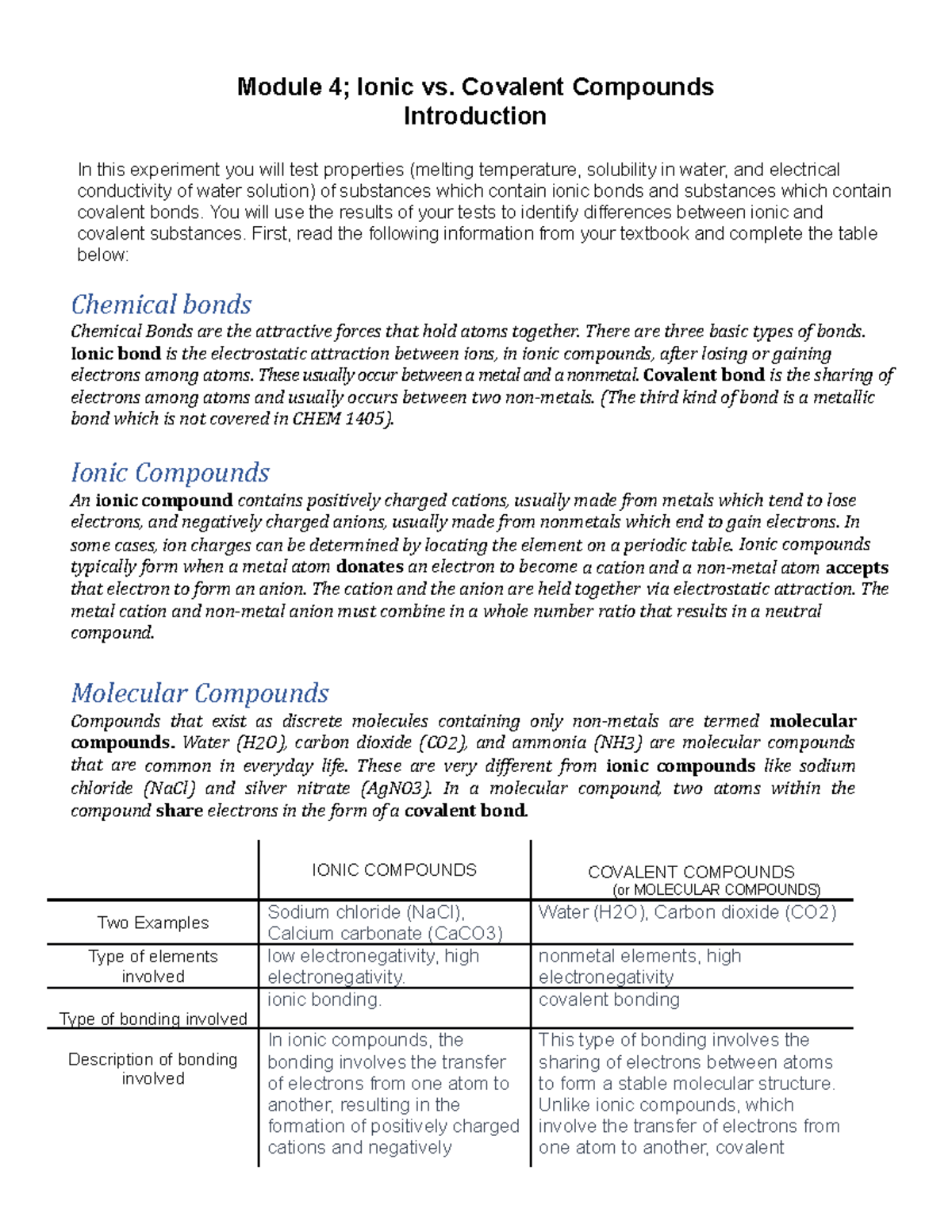 Module 4 Ionic vs. Covalent (2) - Module 4; Ionic vs. Covalent ...