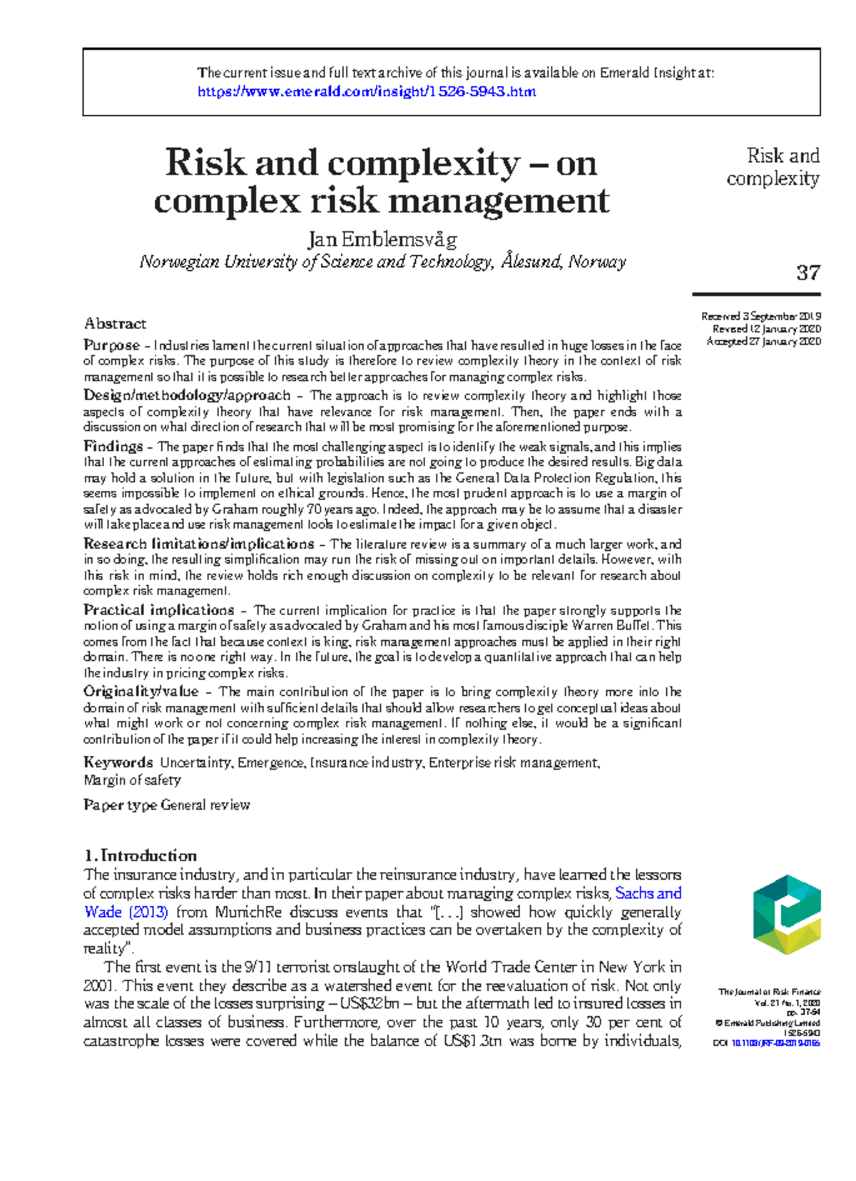 Risk and complexity – on compl - The purpose of this study is therefore ...
