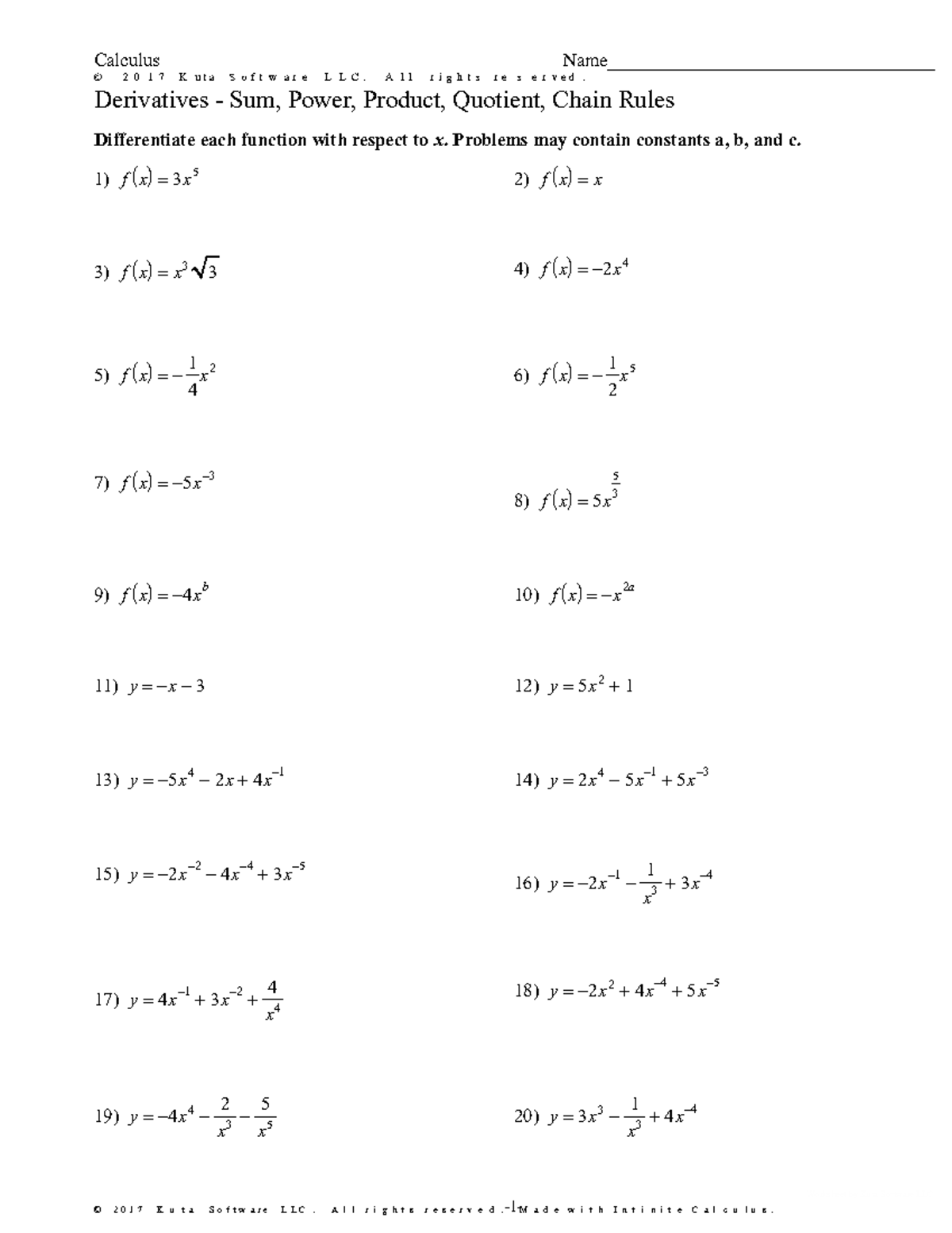2 derivatives - sum power product quotient chain rules - ©] X 2 f 0 r 1 ...