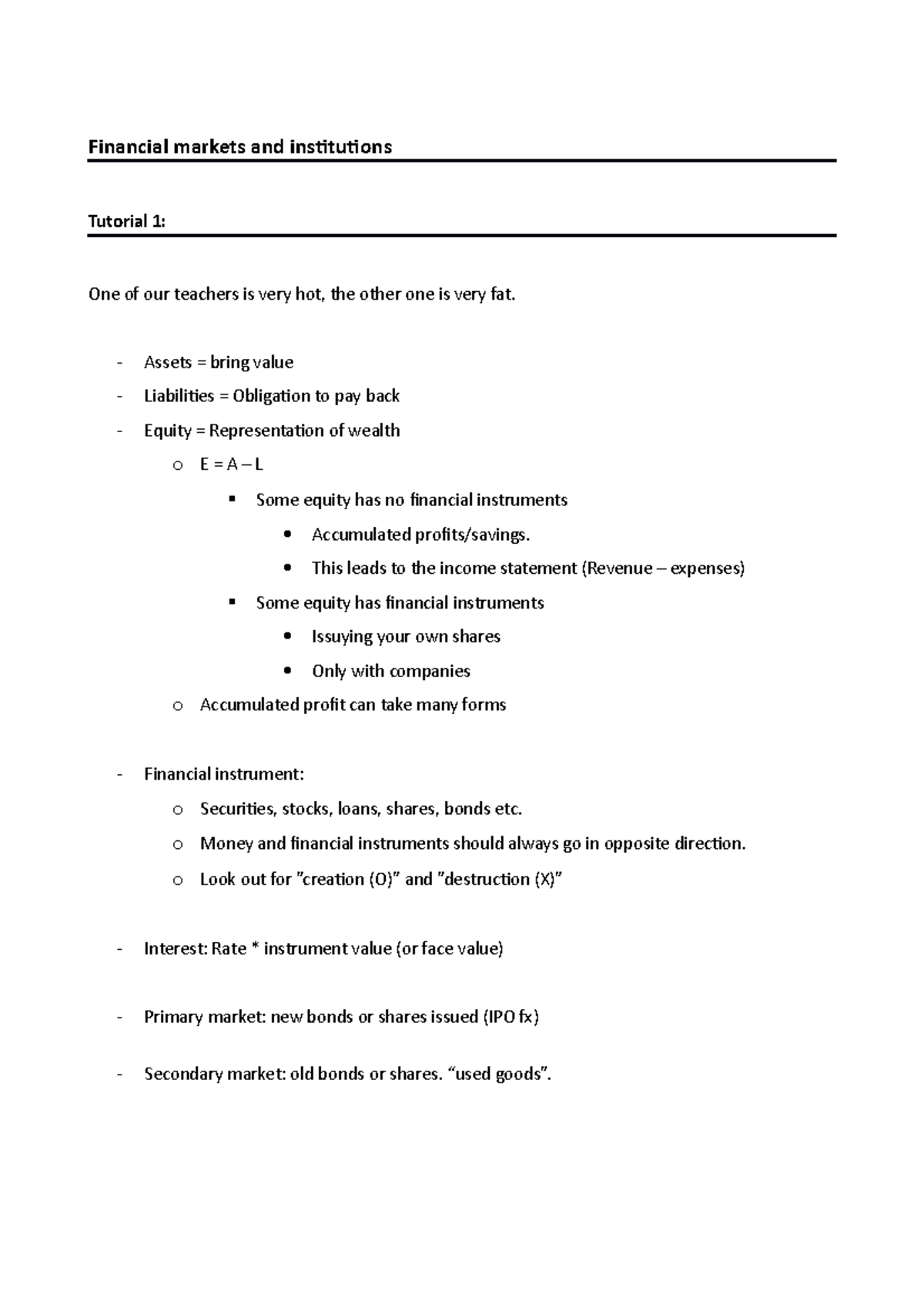 Financial markets and institutions noter - Financial markets and ...