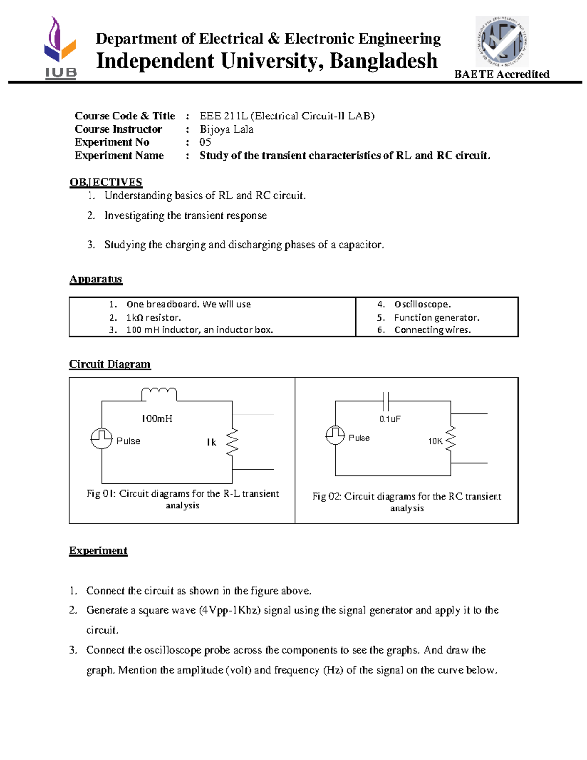 Lab 5 - Course Code & Title : EEE 211L (Electrical Circuit-II LAB ...