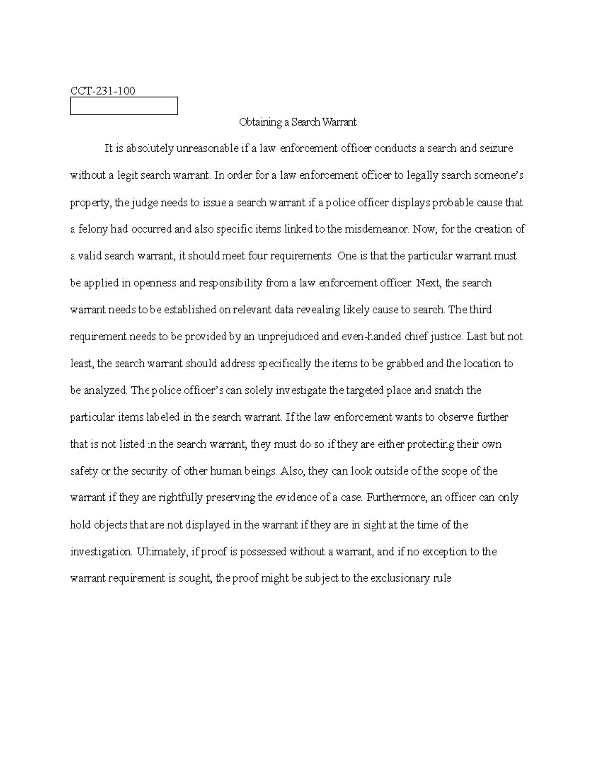 Search Warrant - Essay for this course. - CCT-231- Obtaining a Search ...