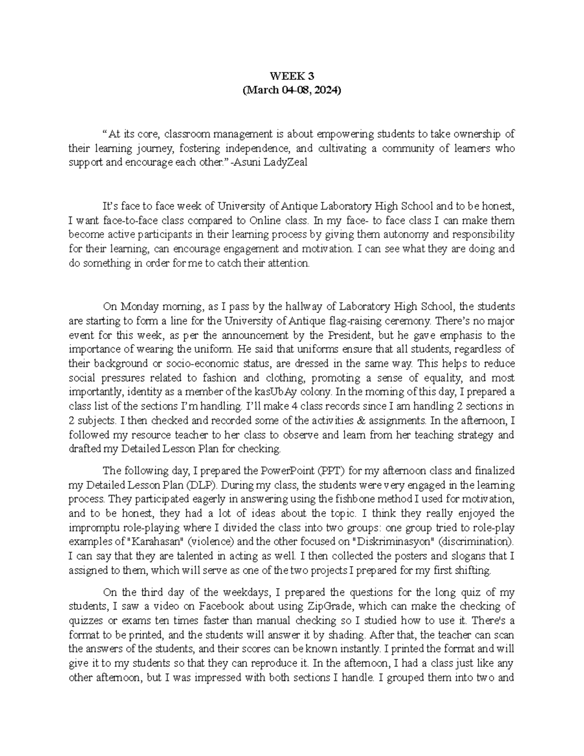 Weekly Journal WEEK 3 - Fs purposes - WEEK 3 (March 04-08, 2024) “At ...