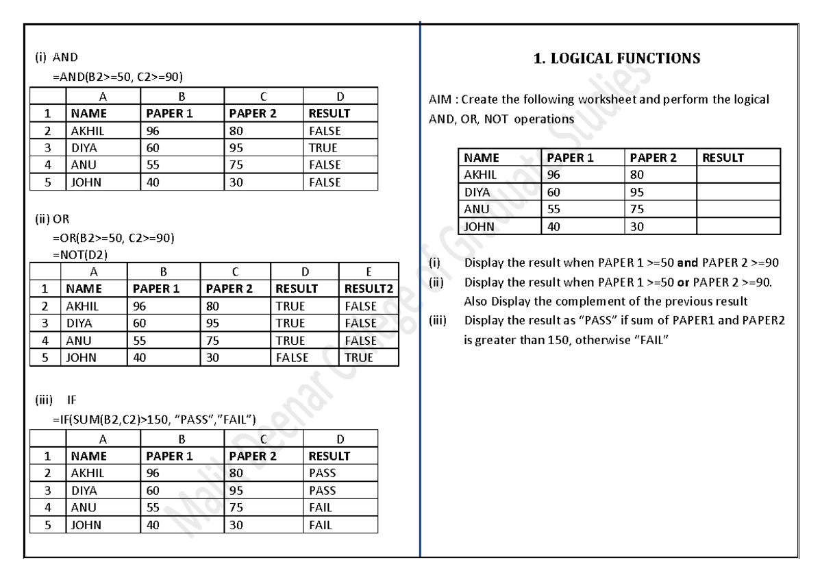 Excel Practical Record - (i) AND =AND(B2>=50, C2>=90) A B C D 1 NAME ...