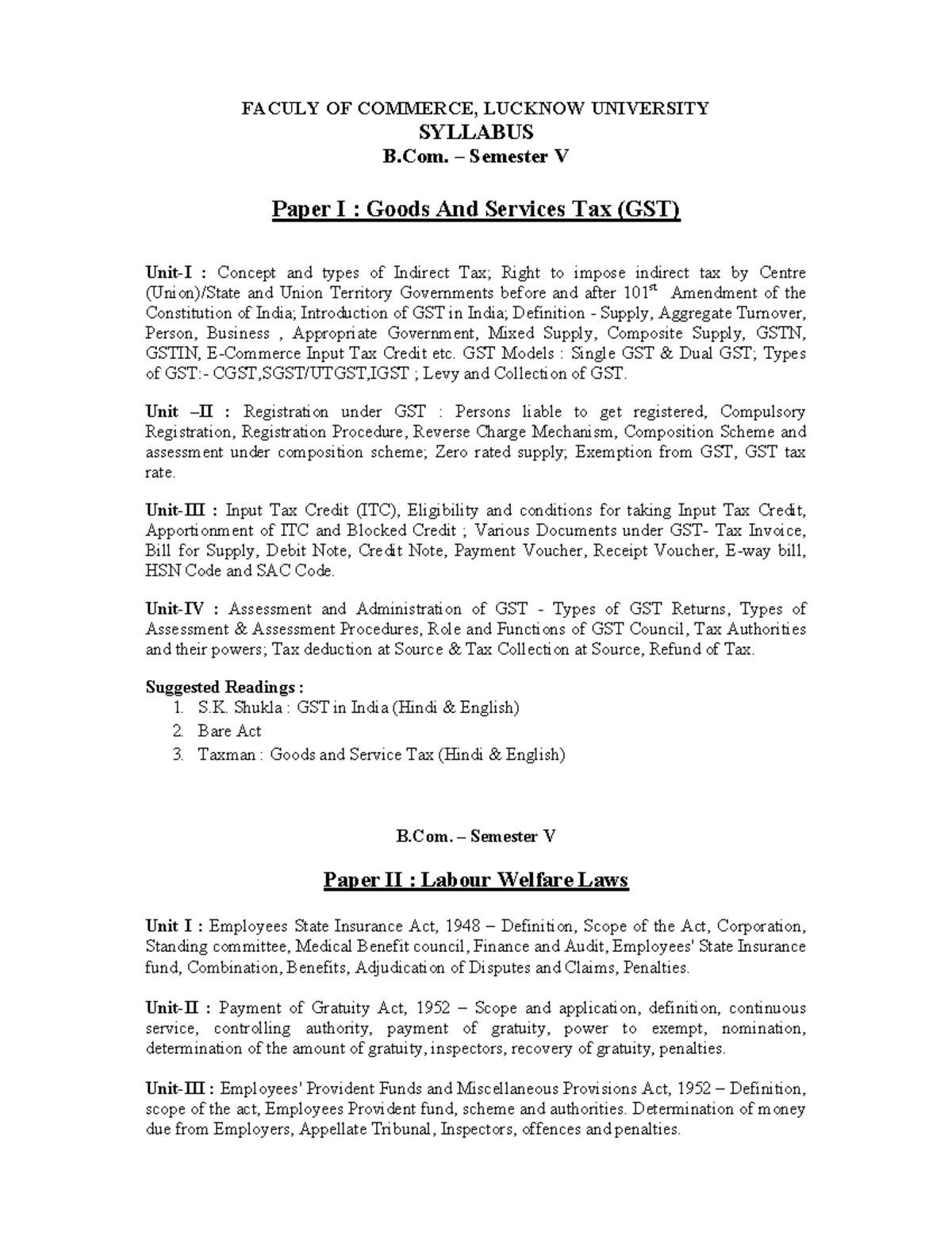 Bcom Sem V Syllabus - Study note - FACULY OF COMMERCE, LUCKNOW ...