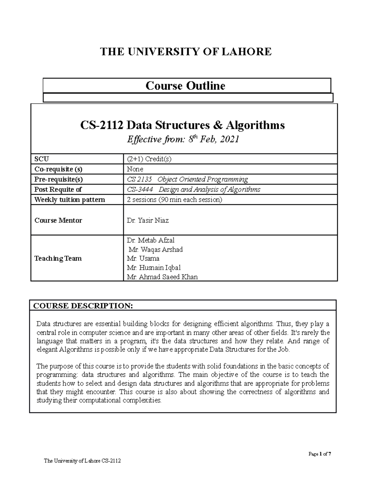 1.Course Outline - THE UNIVERSITY OF LAHORE Course Outline CS-2112 Data ...