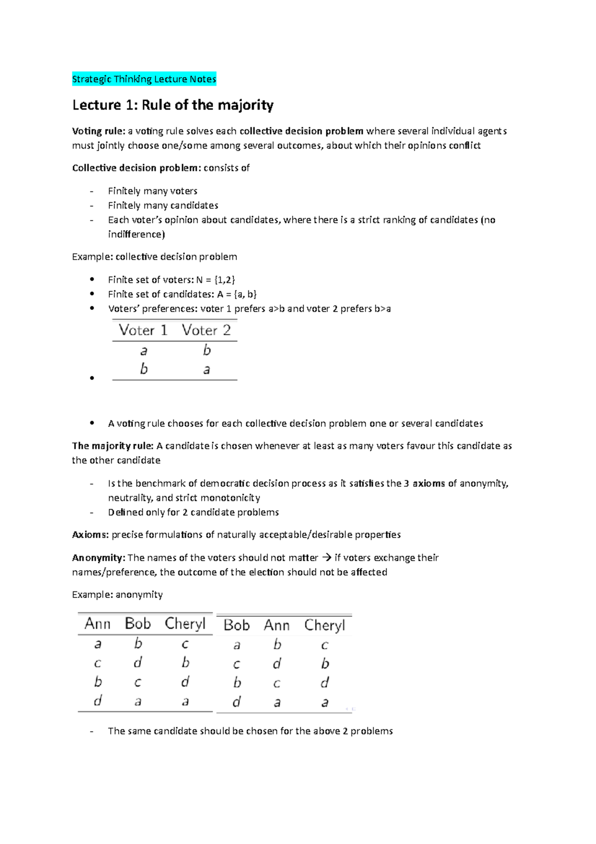 Strategic Thinking Lecture Notes Strategic Thinking Lecture Notes
