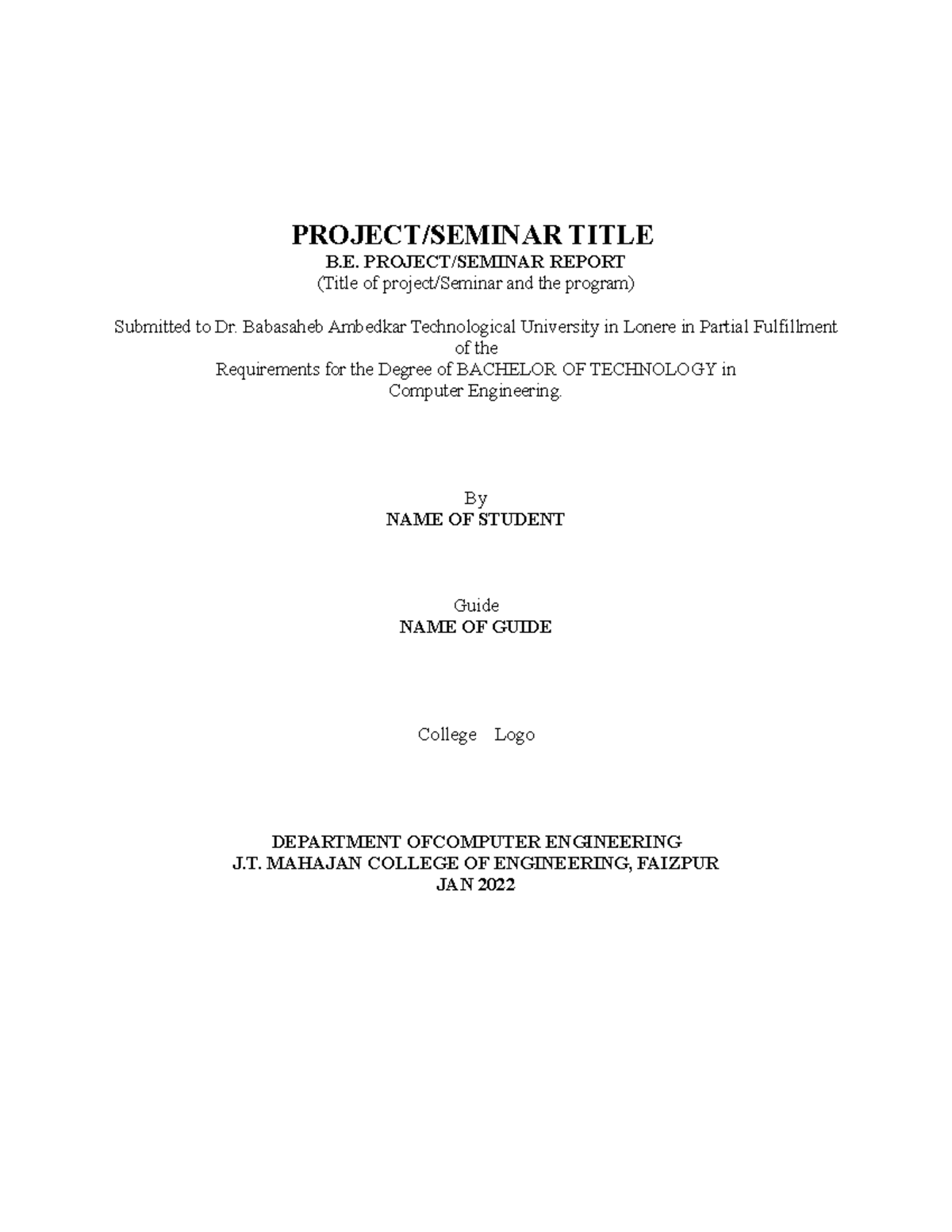 Pojectformat for TOP Coverfor jtmcoe - PROJECT/SEMINAR TITLE B. PROJECT ...