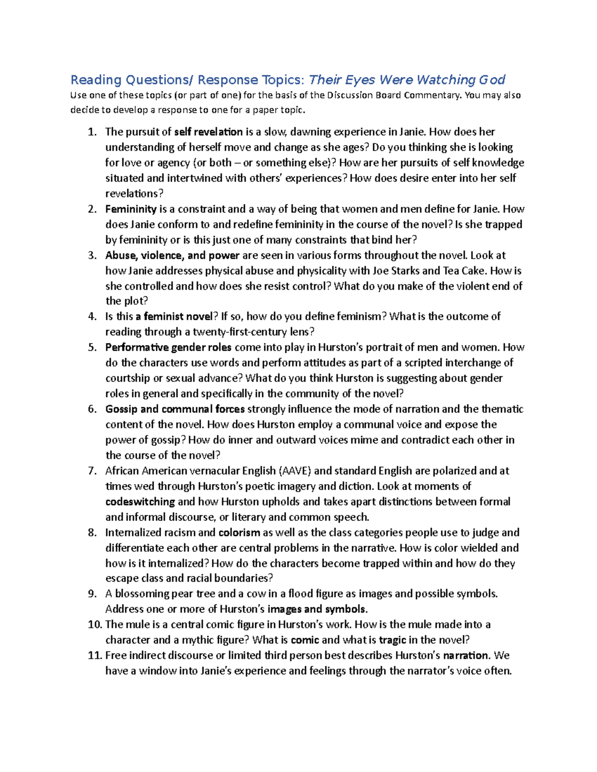 Response Topics and Reading Questions Hurston - Reading Questions ...