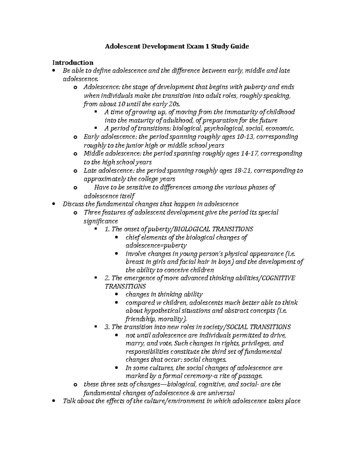 Adolescent Development Exam 1 Study Guide - o Adolescence: the stage of ...