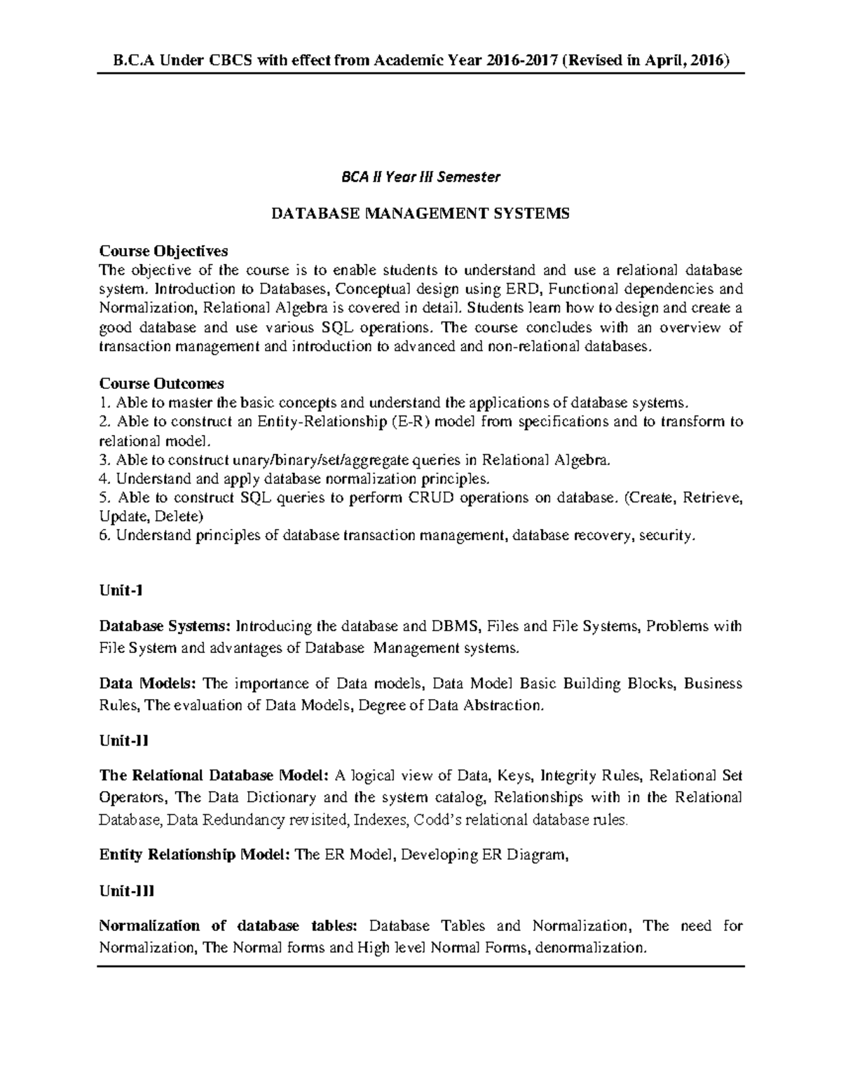 3383VS Univ B.C.A 3rd Sem All Subjects 2017 Syllabus - BCA II Year III Semester DATABASE ...