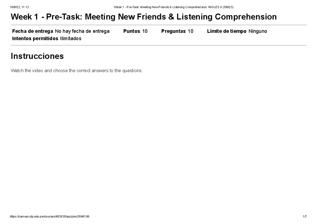 Week 1 Pre Task Meeting New Friends Listening Comprehension Ingles II ...