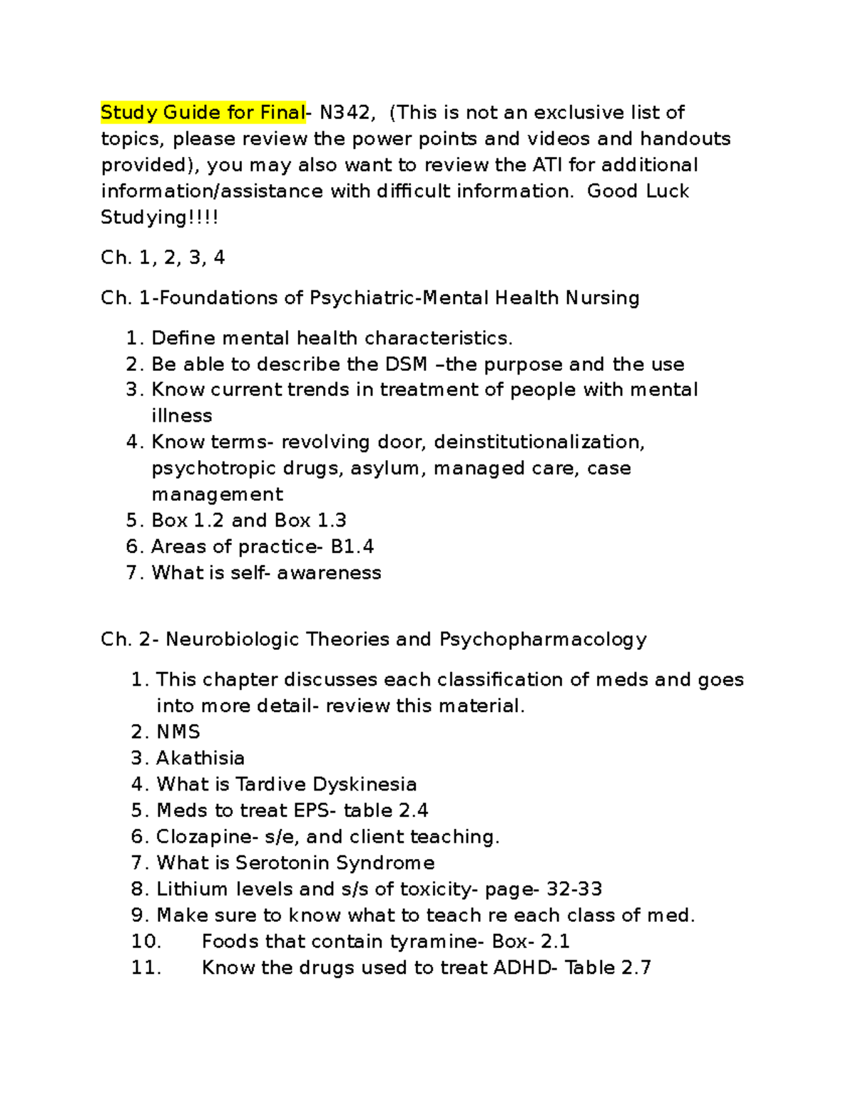 N342 Study Guide for Fina1 for Spring 2017 - Study Guide for Final ...