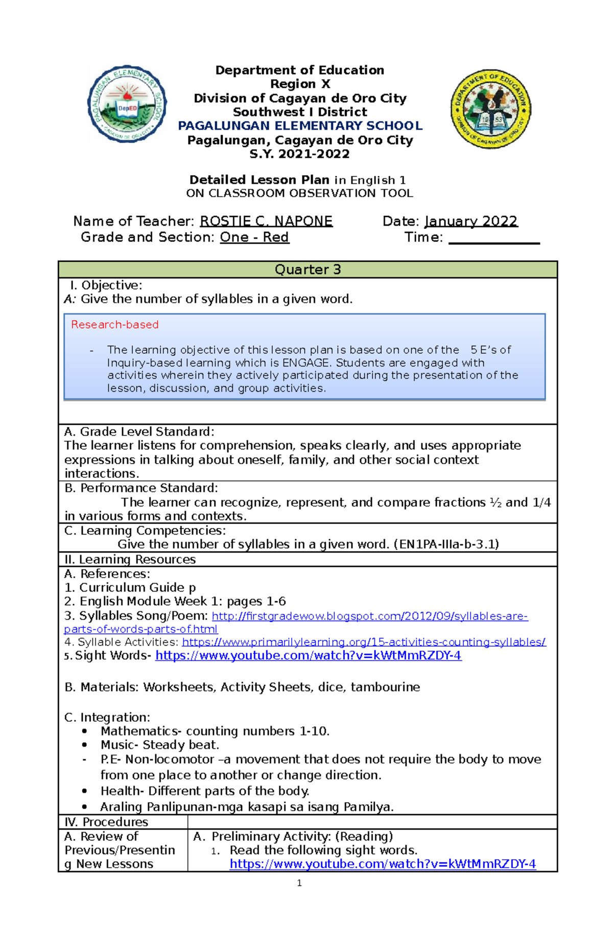 COT IN English syllables - Department of Education Region X Division of ...