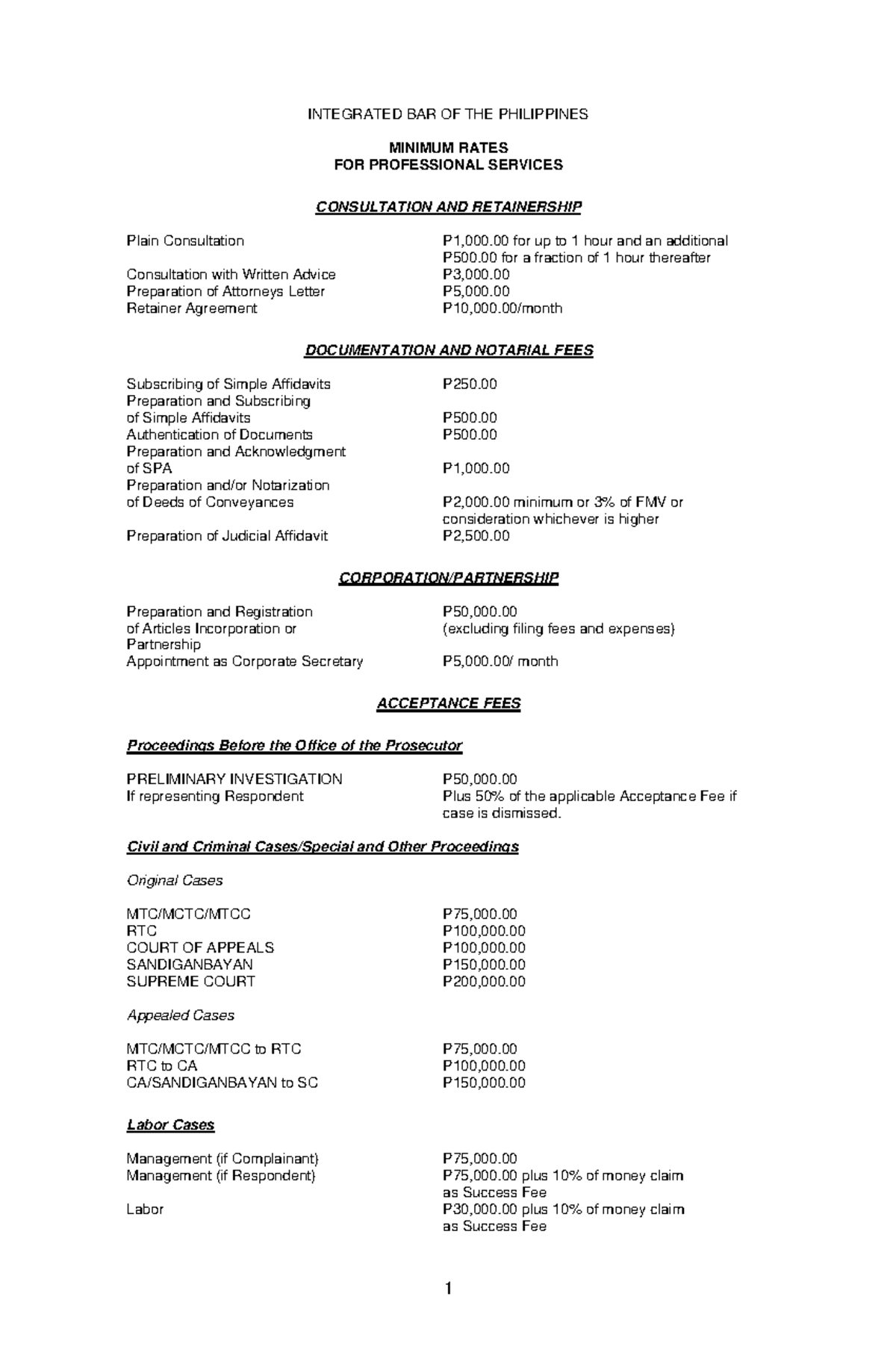 IBP Recommended Fees - ibp; law - 1 INTEGRATED BAR OF THE PHILIPPINES ...