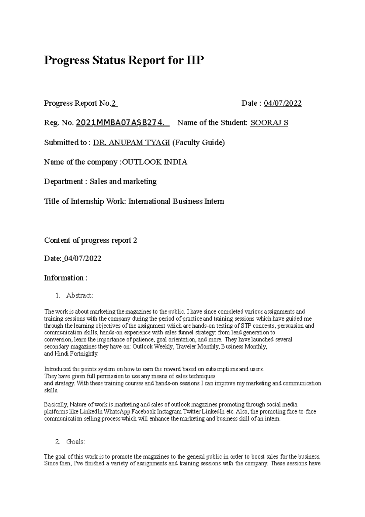 Second Progress Report - Progress Status Report for IIP Progress Report No Date : 04/07/ Reg. No ...