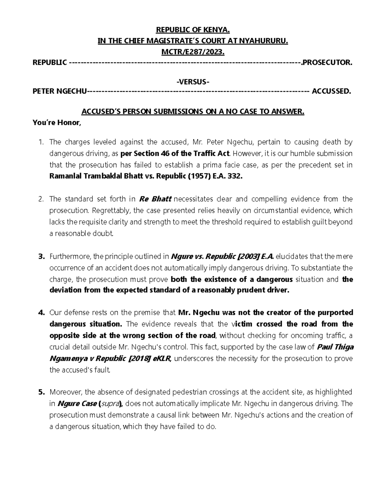 MCTR E287 2023 Peter Ngechu Submissions ON A NO CASE TO Answer. 02.04. ...