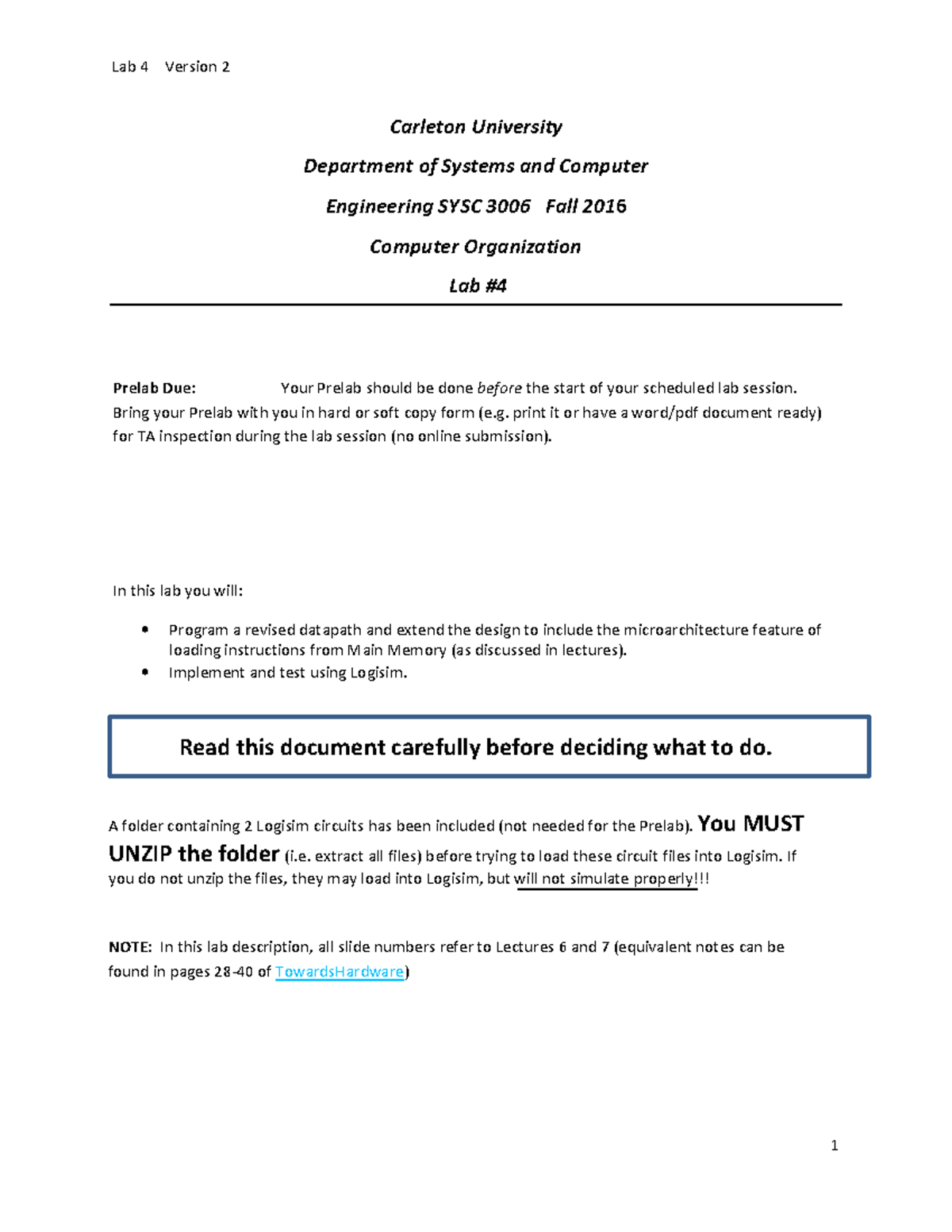 Lab4F16 - Lab4 - Carleton University Department of Systems and Computer Engineering SYSC 3006 ...