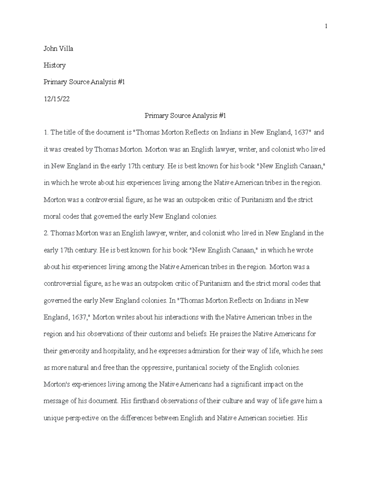 Primary Source Analysis #1 - John Villa History Primary Source Analysis ...