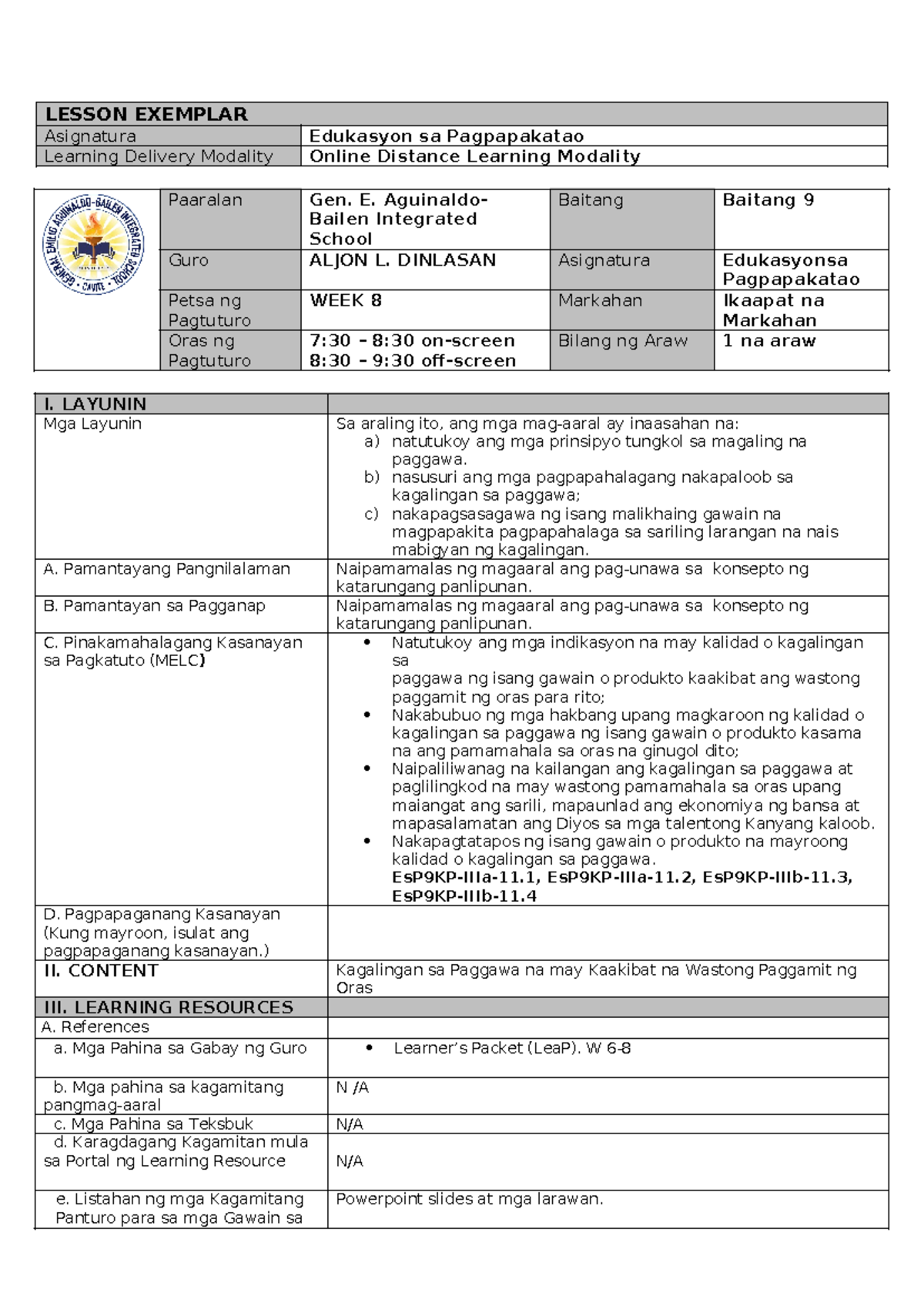 ESP COT W3 - lesson plan - LESSON EXEMPLAR Asignatura Edukasyon sa Pagpapakatao Learning ...