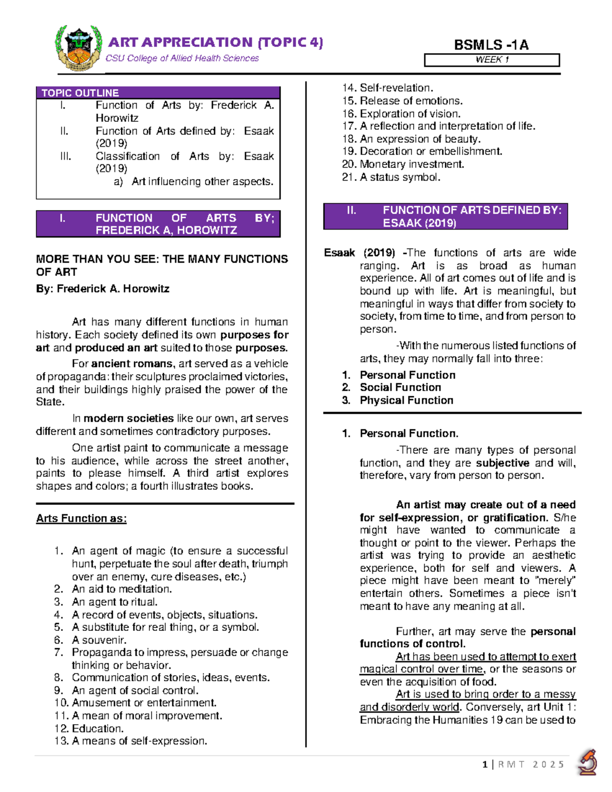 WEEK 1 ART Appreciation Topic 4 - WEEK 1 BSMLS - 1A CSU College of ...
