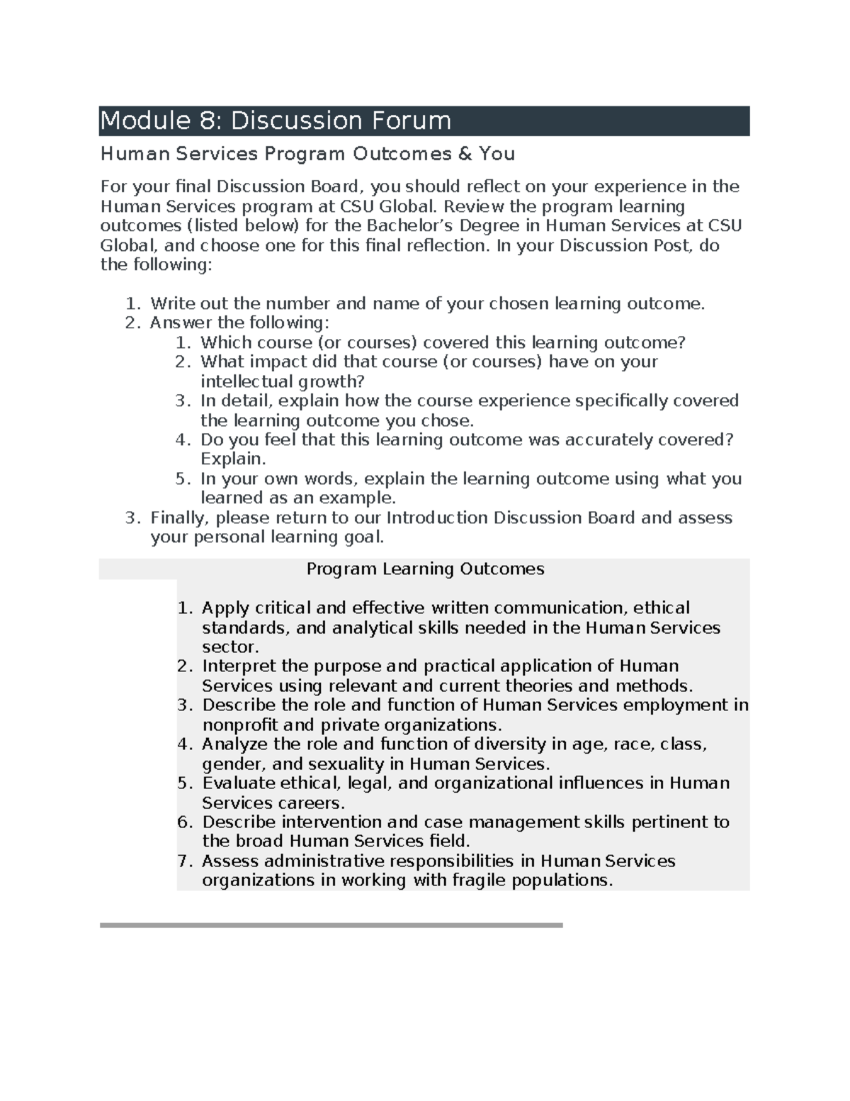 Wqk 8 dp - n/a - Module 8: Discussion Forum Human Services Program ...