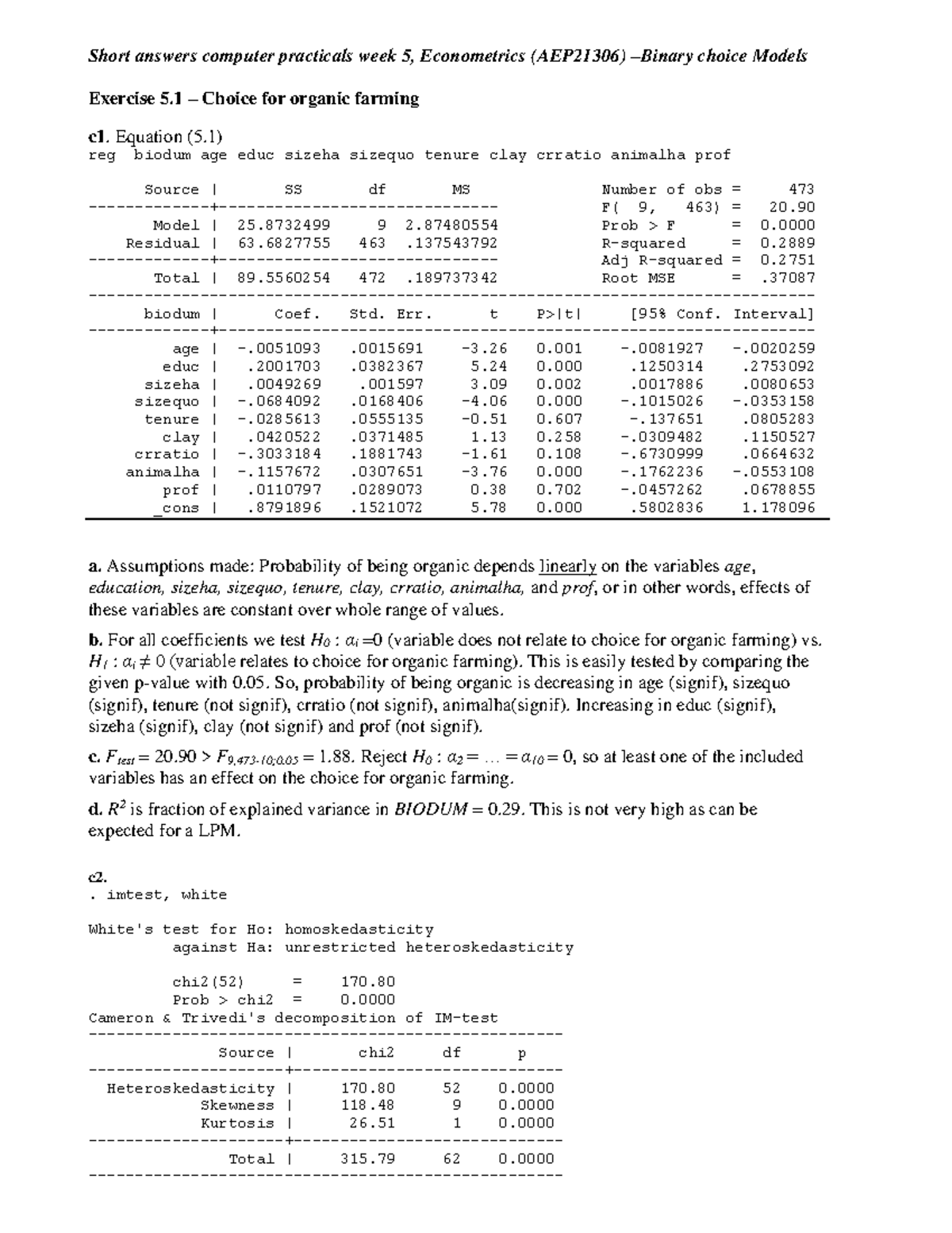 Short answers exercises week 5 - Short answers computer practicals week 5, Econometrics ...
