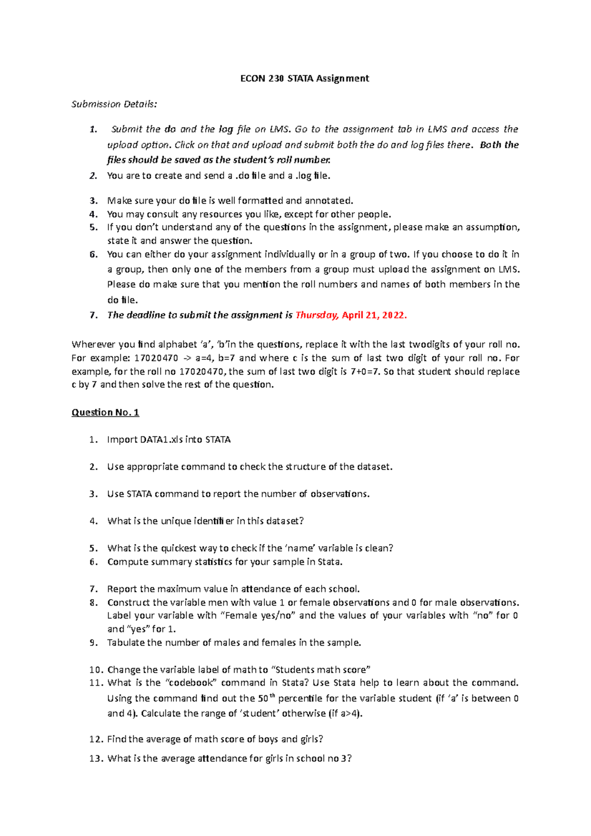 Stata Assignment 2022 Econ 230 Stata Assignment Submission Details 1