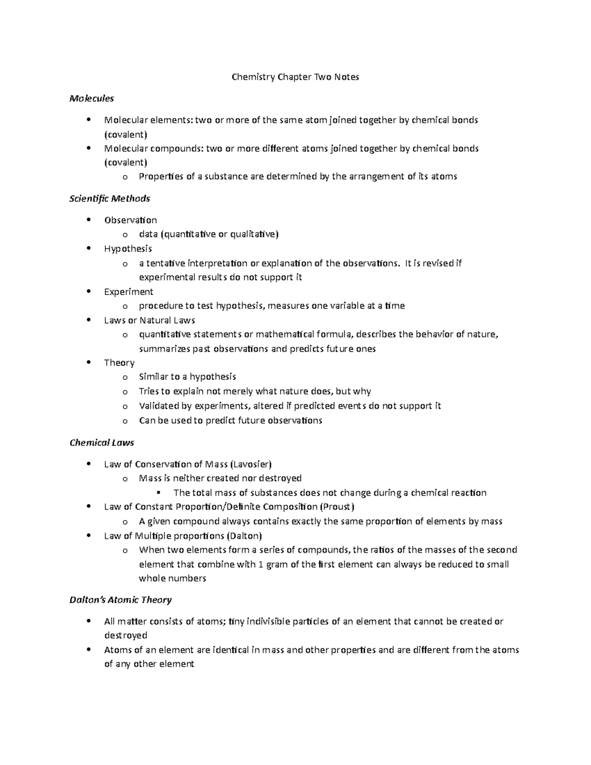 Chemistry Chapter Two Notes - Chemistry Chapter Two Notes Molecules ...